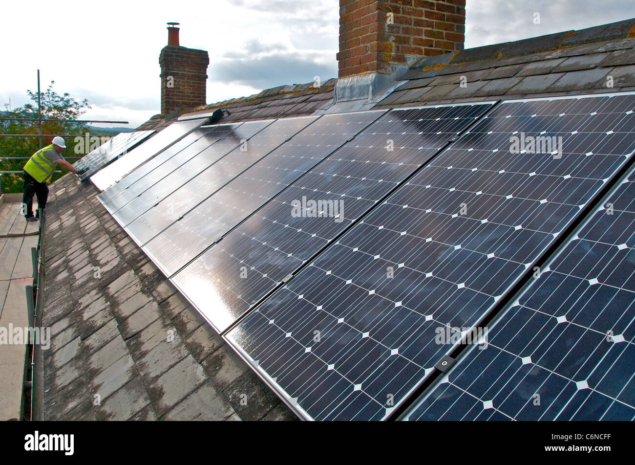 Photovoltaic panels on a roof using solar energy to create electricity ...