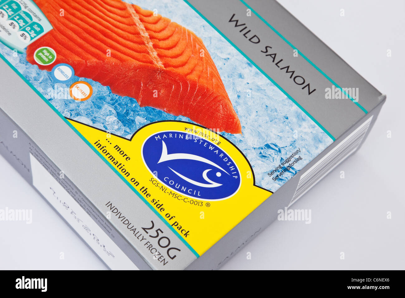 Packet of frozen wild salmon fillets with Marine Stewardship Council ...