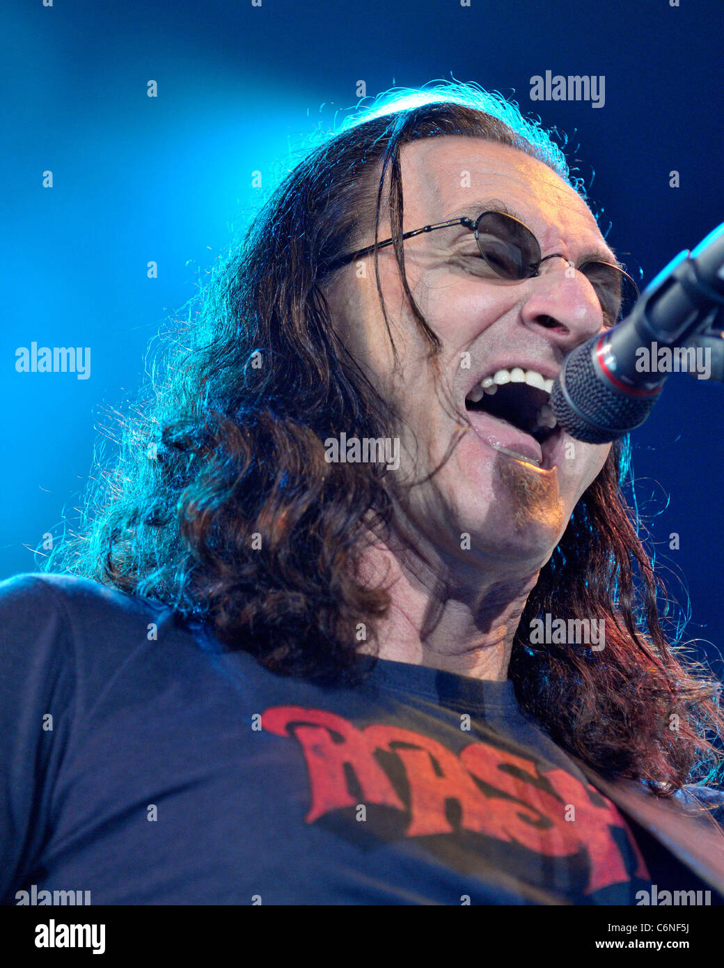 Geddy Lee of RUSH performing live on stage during 'Time Machine Tour ...