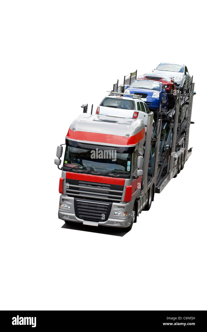 A car transporter lorry, isolated on a white background, used for ...