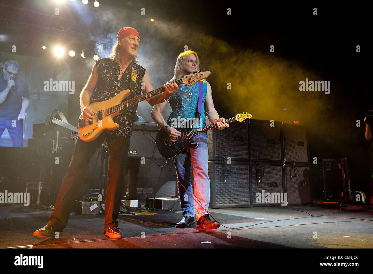 Roger Glover and Steven Morse (right) of Deep Purple, performing live ...