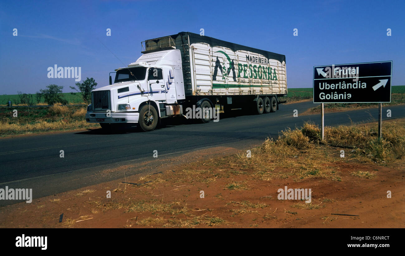 Truck at road intersection in Minas Gerais, Brazil, with directions ...