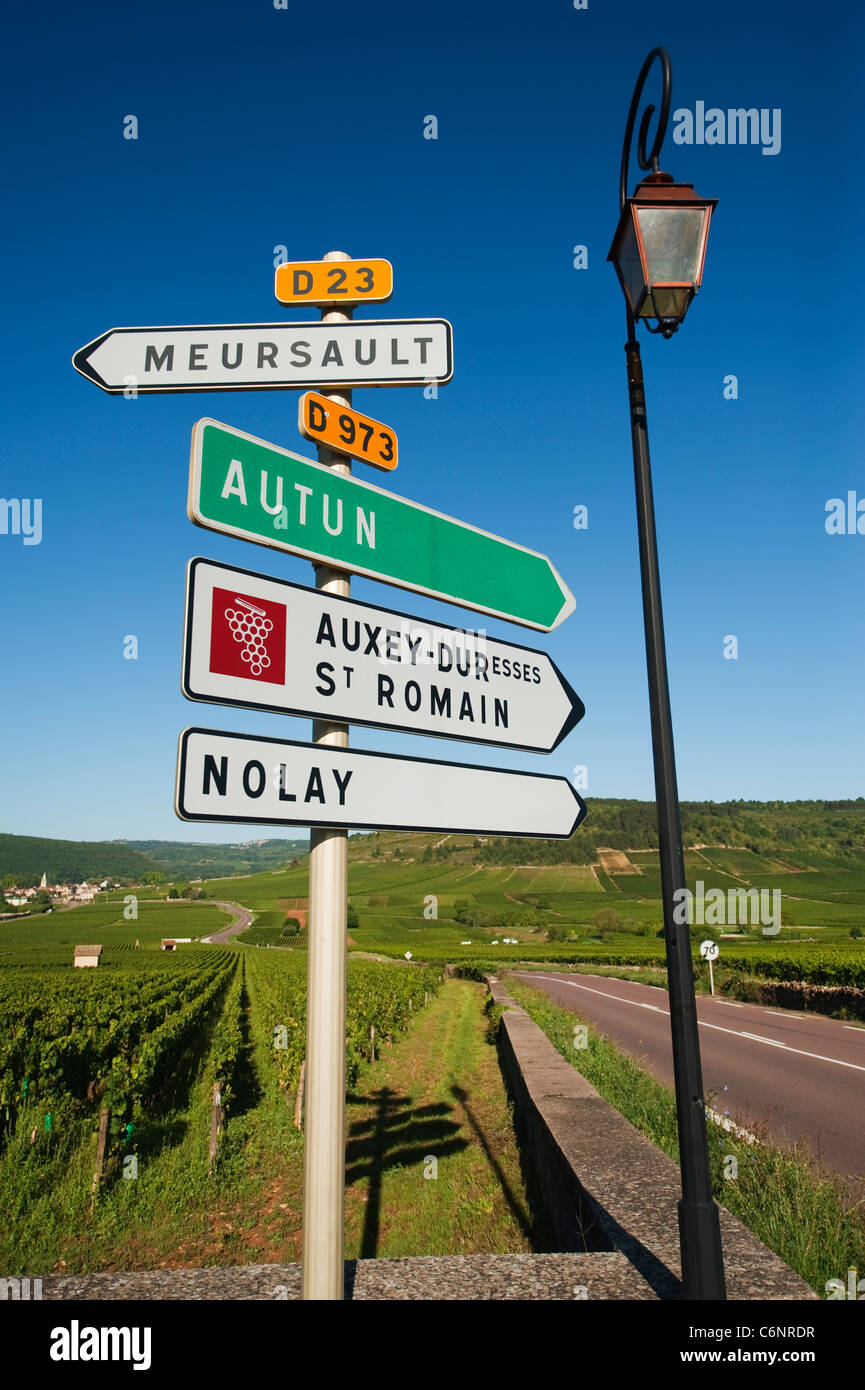 Road sign at the entrance to Meursault village with vineyards and the ...