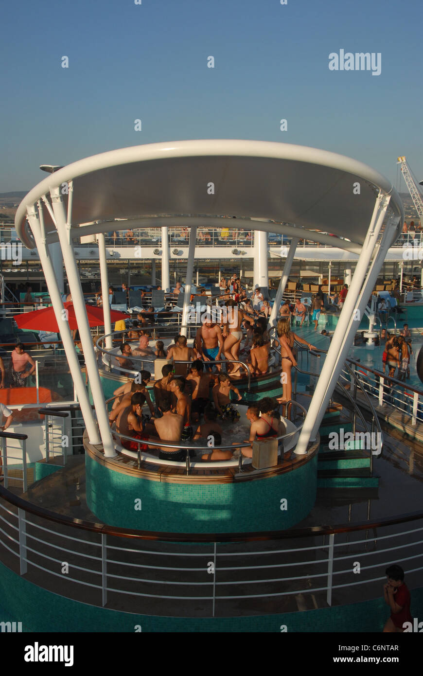 Crowded Jacuzzis on the NCL Epic, a large cruise ship in the ...