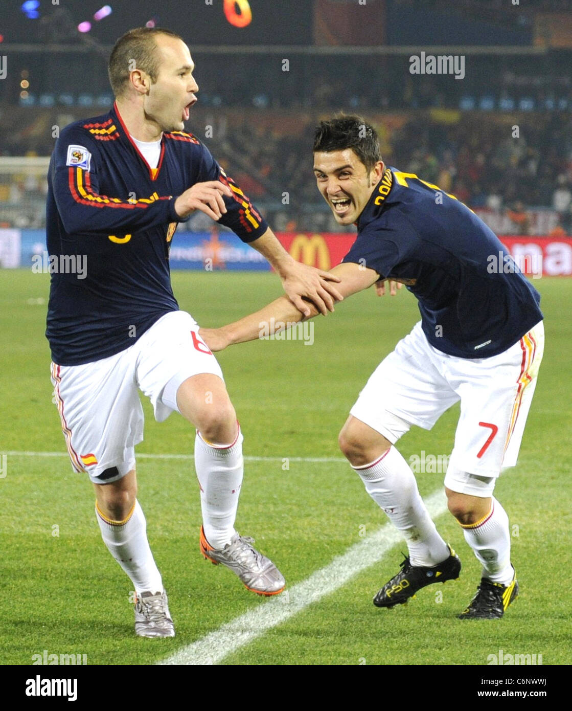Andres Iniesta celebrates with his teammate David Villa 2010 FIFA World ...