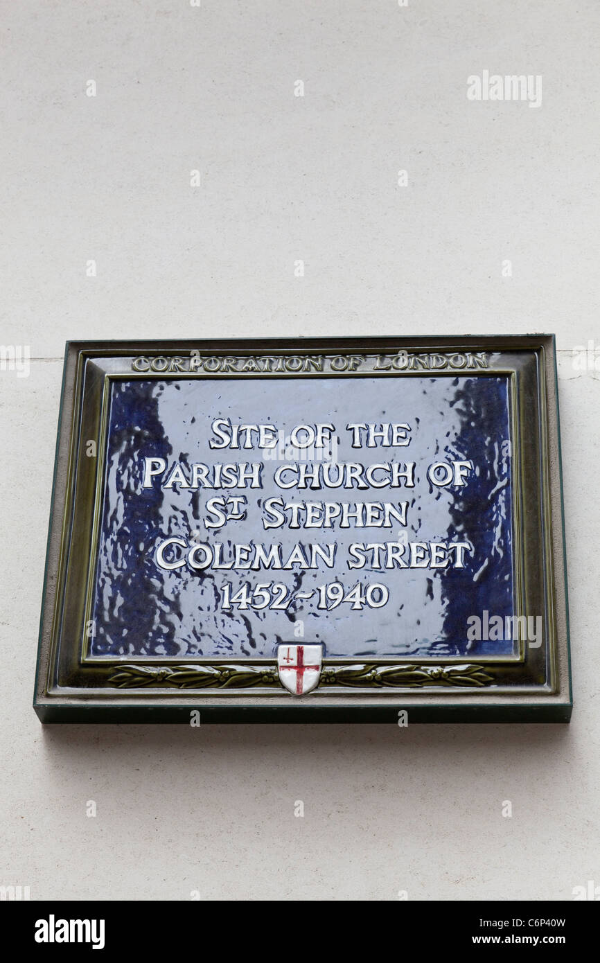 Plaque commemorating the site of the parish church of St Stephen ...