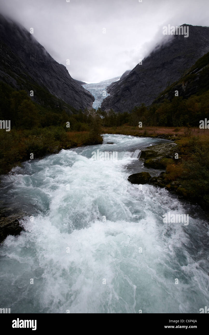 The river flowing from the Briksdal Glacier, Olden Valley, Norway Stock ...