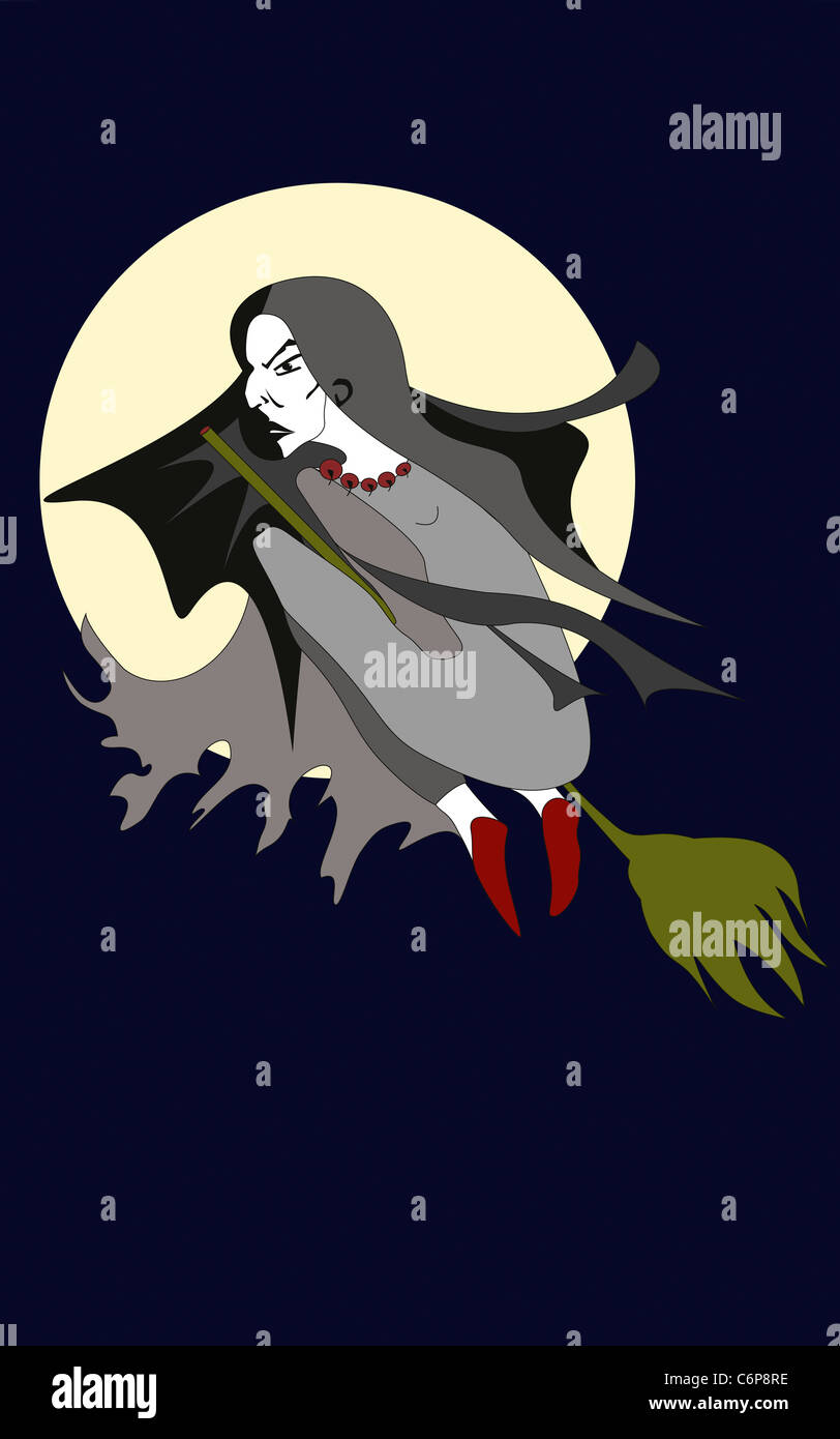 Illustration of a witch flying on a broomstick Stock Photo - Alamy