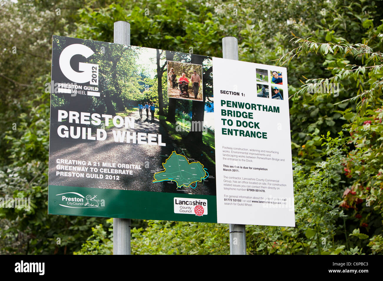 A sign about a new footpath construction to celebrate the Preston Guild ...