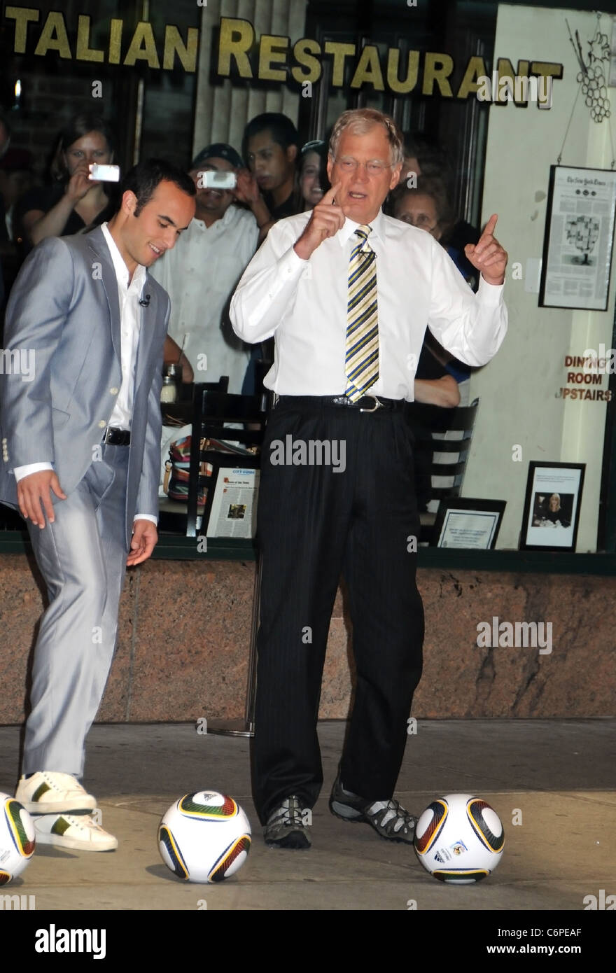 American Soccer player Landon Donovan and David Letterman kick soccer ...