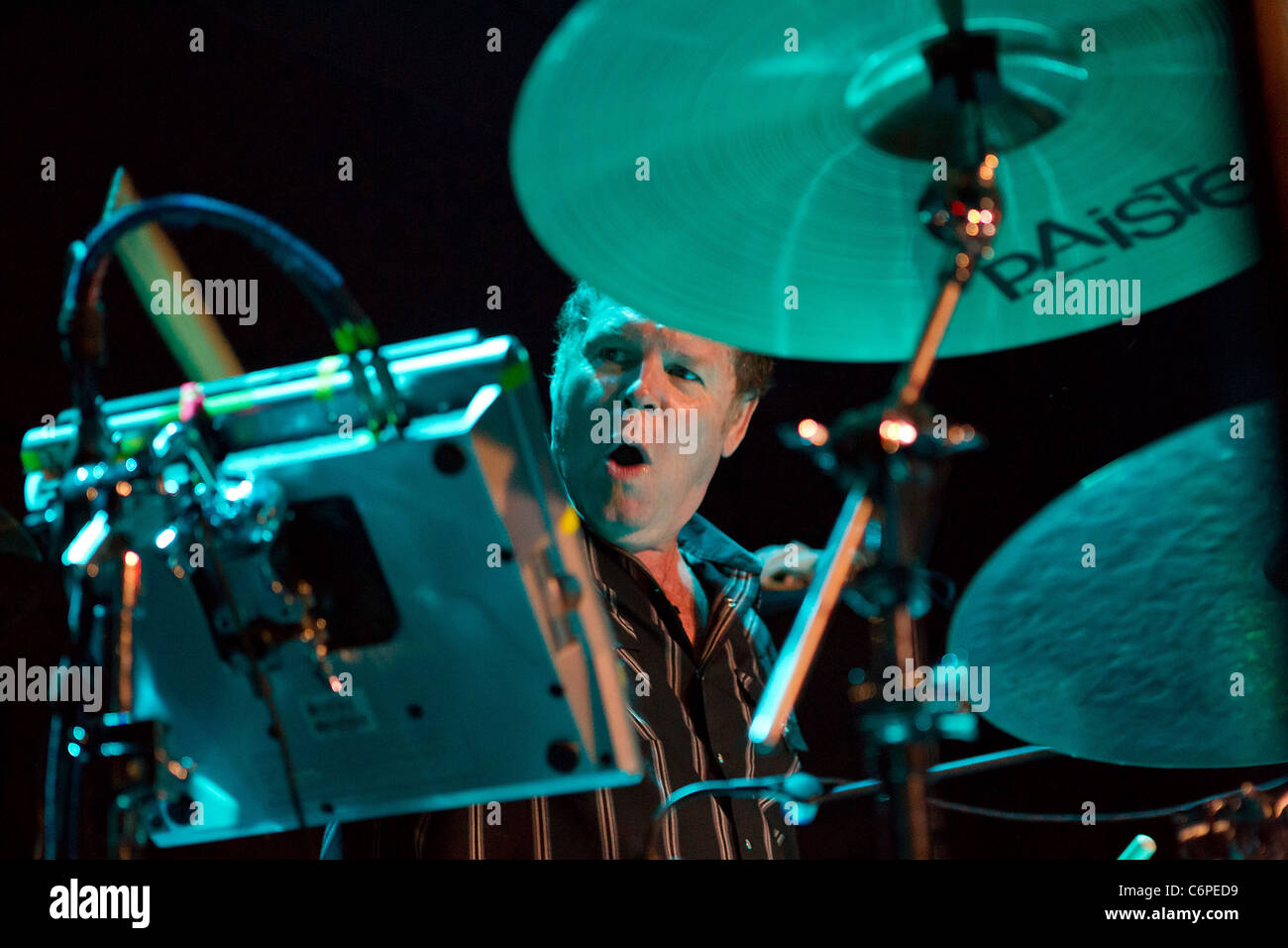 Pat Mastelotto of Stick Men performing on drums live at Music Box ...