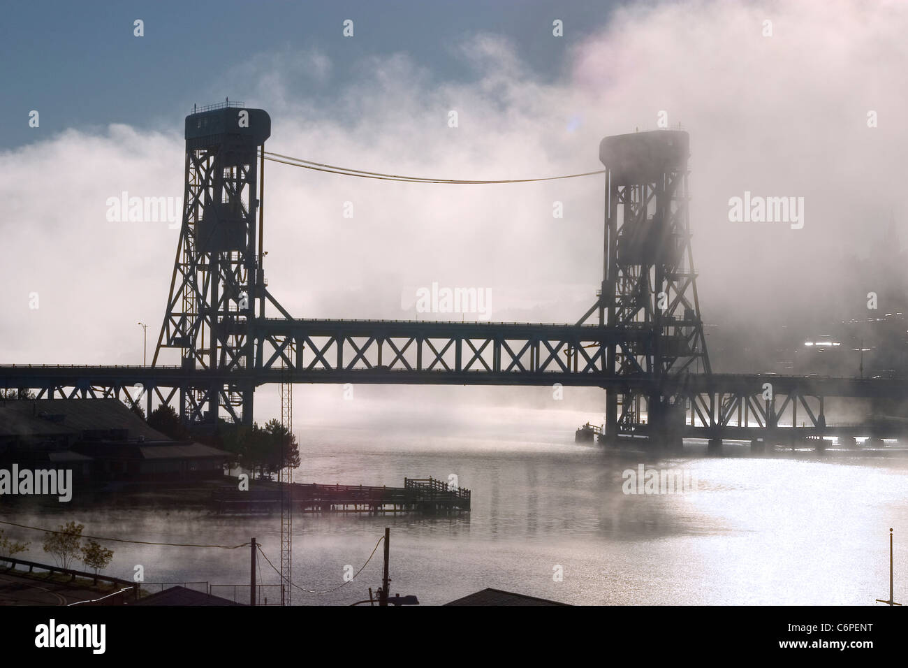The Portage Lift Bridge In Silhouette On A Foggy Morning At Hancock ...