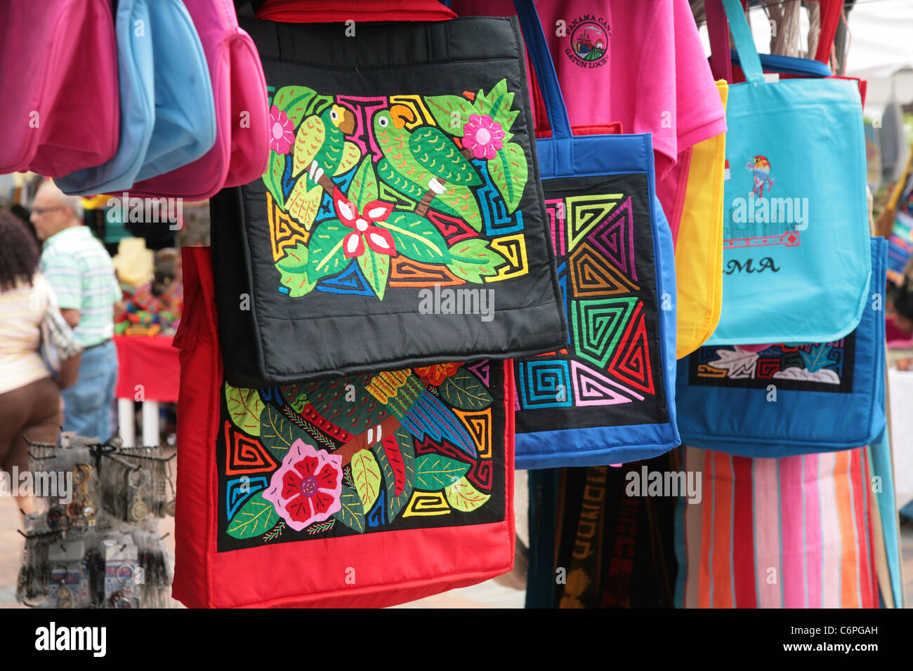 Crafts on display for sale at a street market in Panama City Stock ...