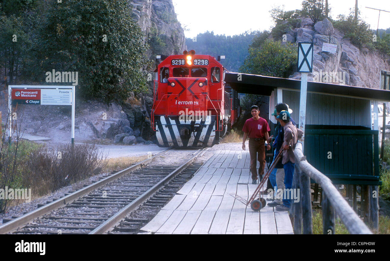 Chihuahua Al Pacifico or Copper Canyon train approaching a siding in ...