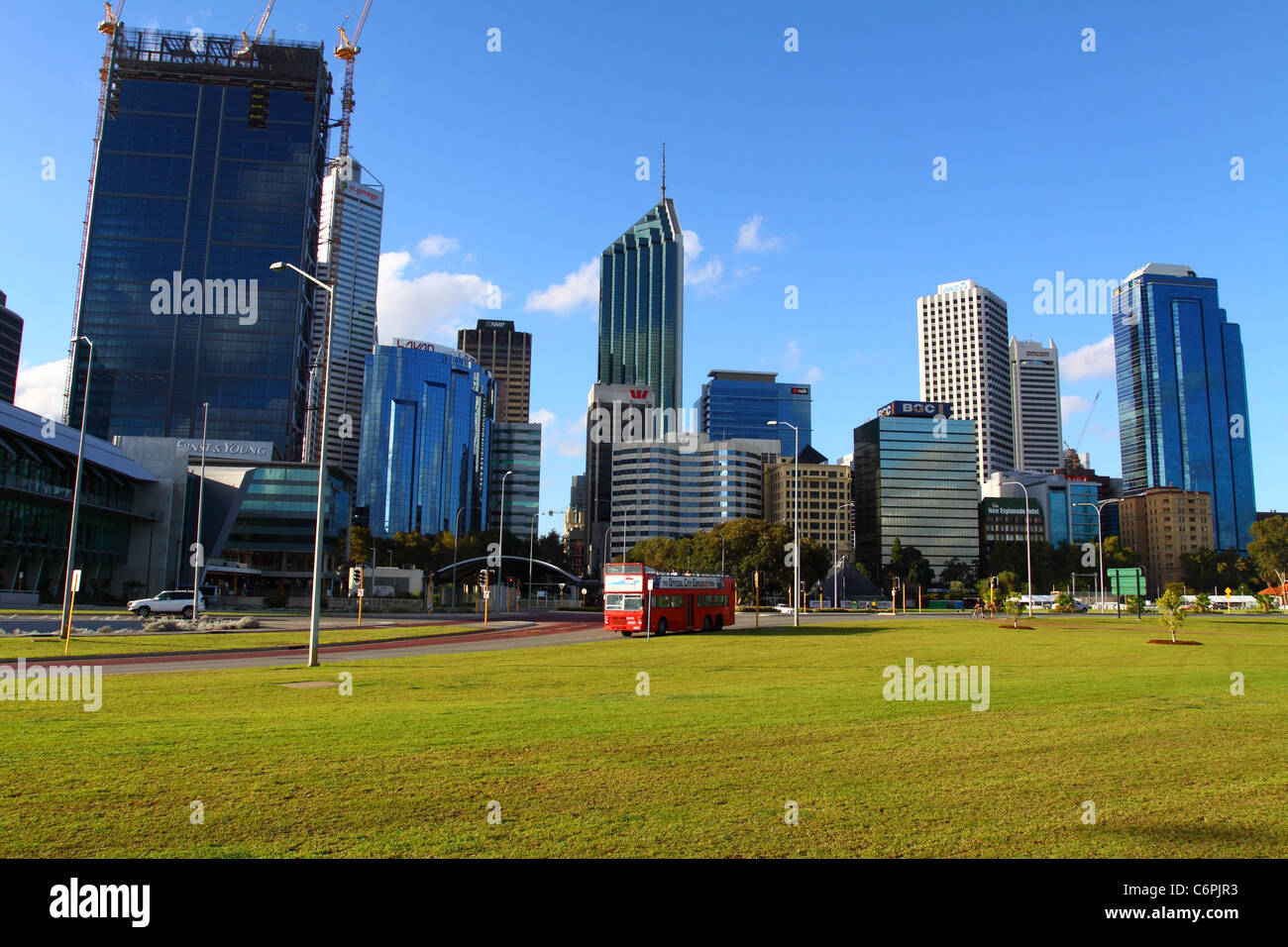 Famous city buildings with beautiful azure sky. Perth, Western ...