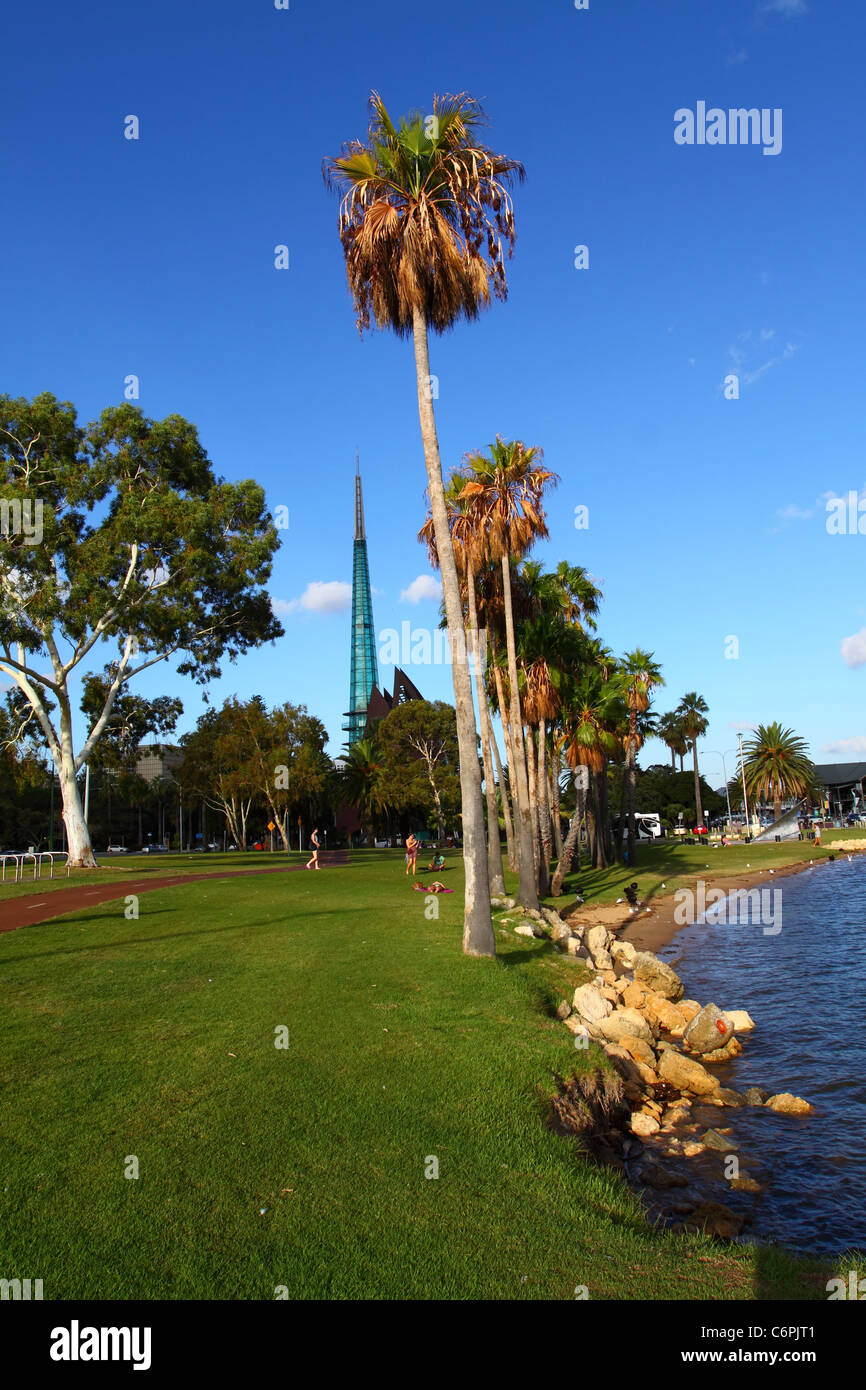 Famous city buildings with beautiful azure sky. Perth, Western ...