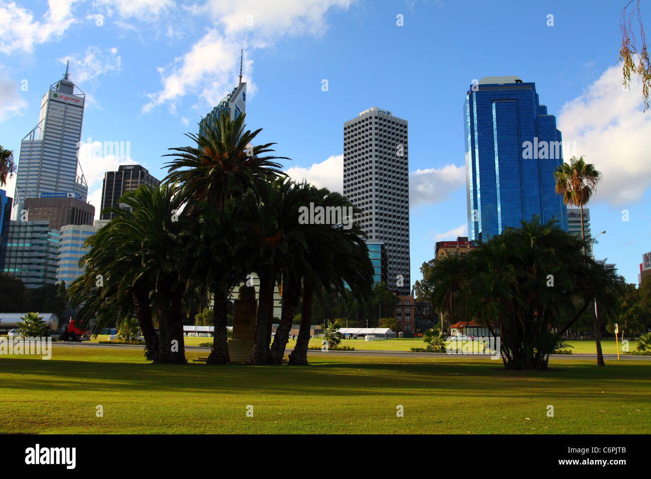 Famous city buildings with beautiful azure sky. Perth, Western ...