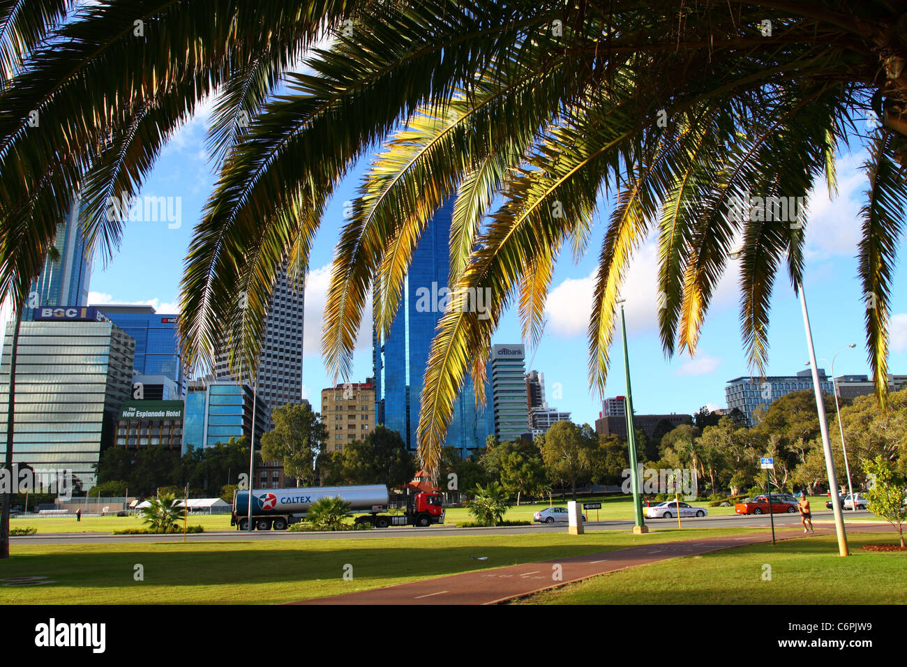 Famous city buildings with beautiful azure sky. Perth, Western ...