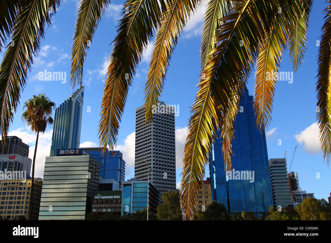 Famous city buildings with beautiful azure sky. Perth, Western ...