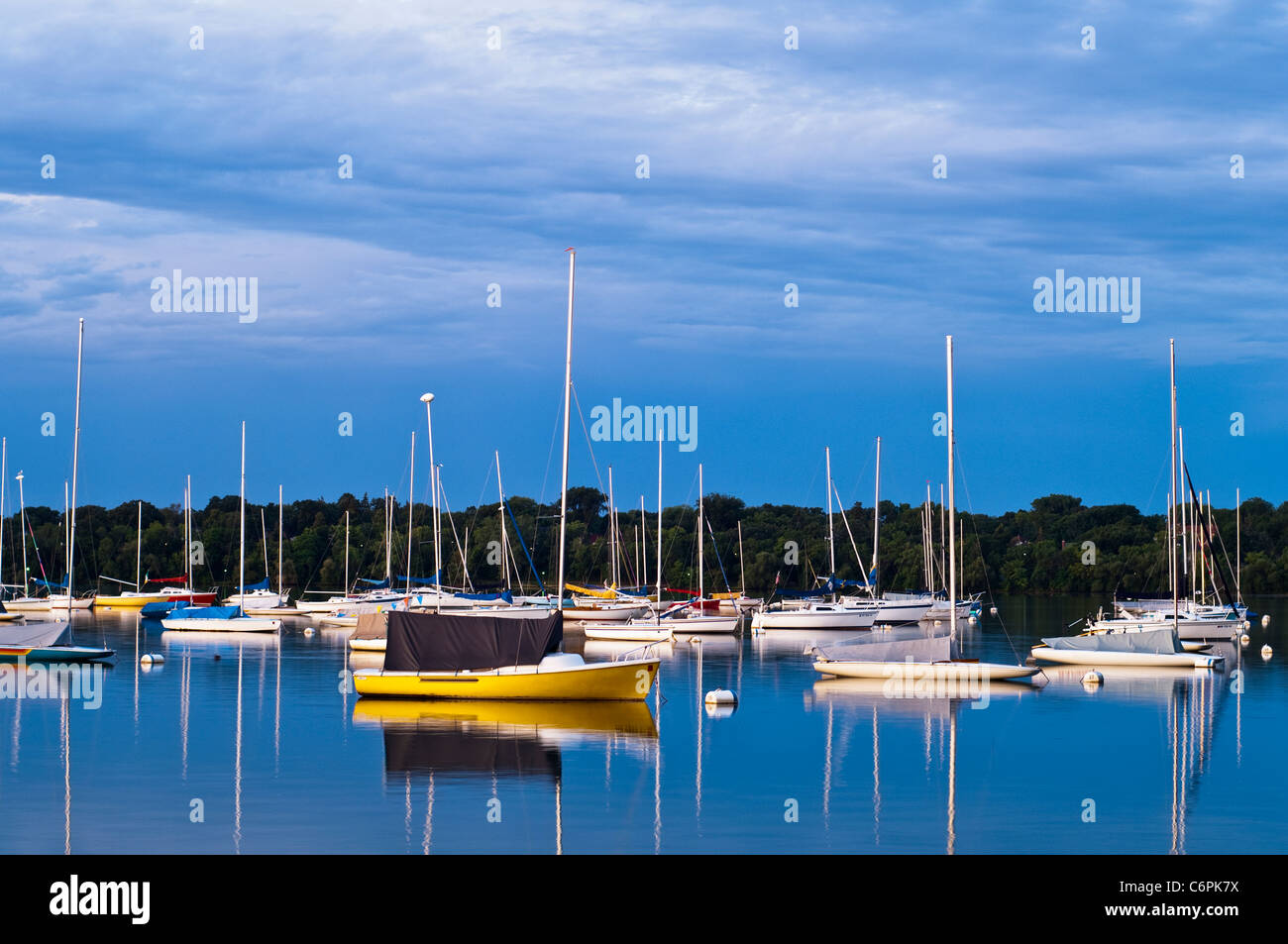 Sailboats moored on Lake Harriet, Minneapolis, Minnesota in pre-dawn ...