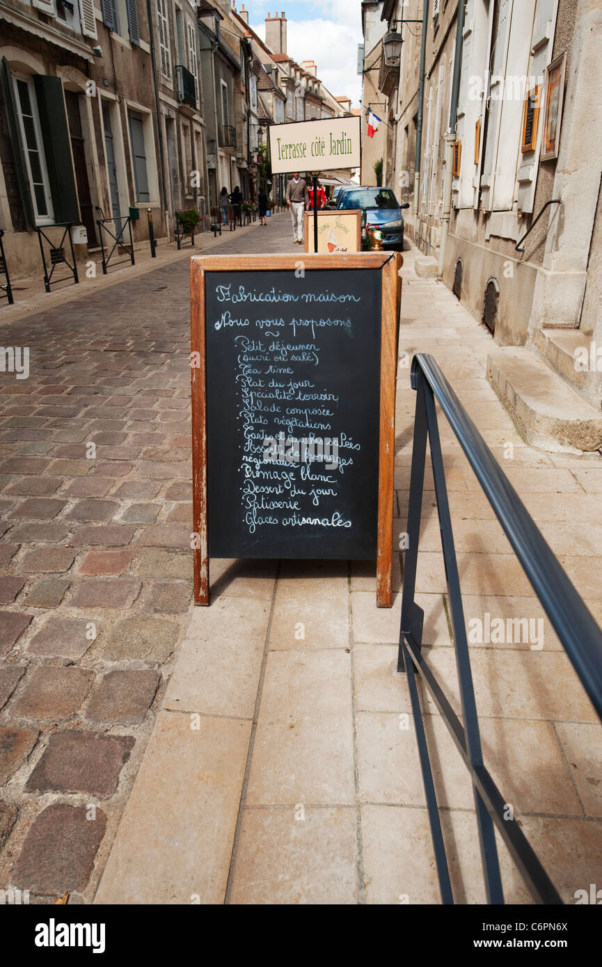 Blackboard menu sign outside a restaurant in Avallon, Burgundy, France ...