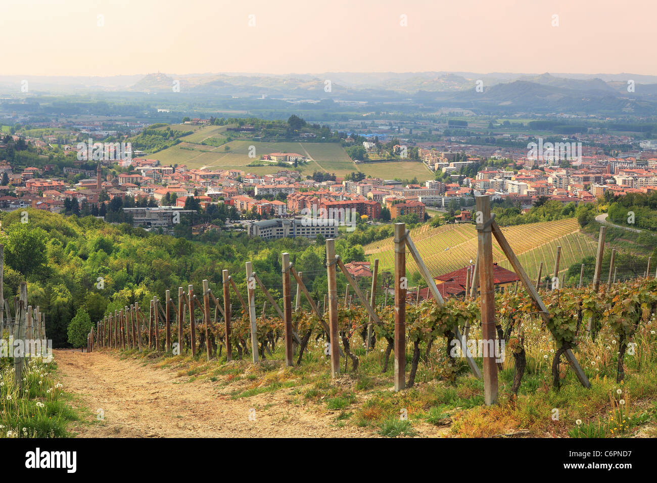Aerial view on town of Alba from surrounding hills in Piedmont ...