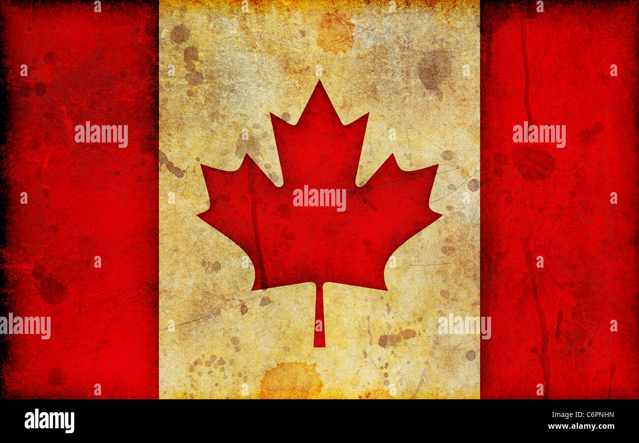 An old, stained and scratched Canadian flag in a grunge illustration ...