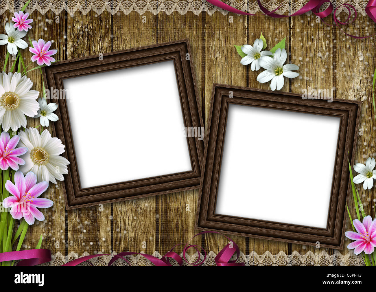 two wooden photo frames over grunge wood background Stock Photo - Alamy