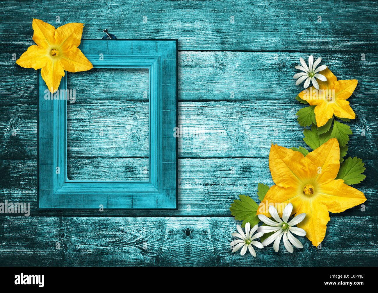 wooden photo frame over grunge wood background Stock Photo - Alamy