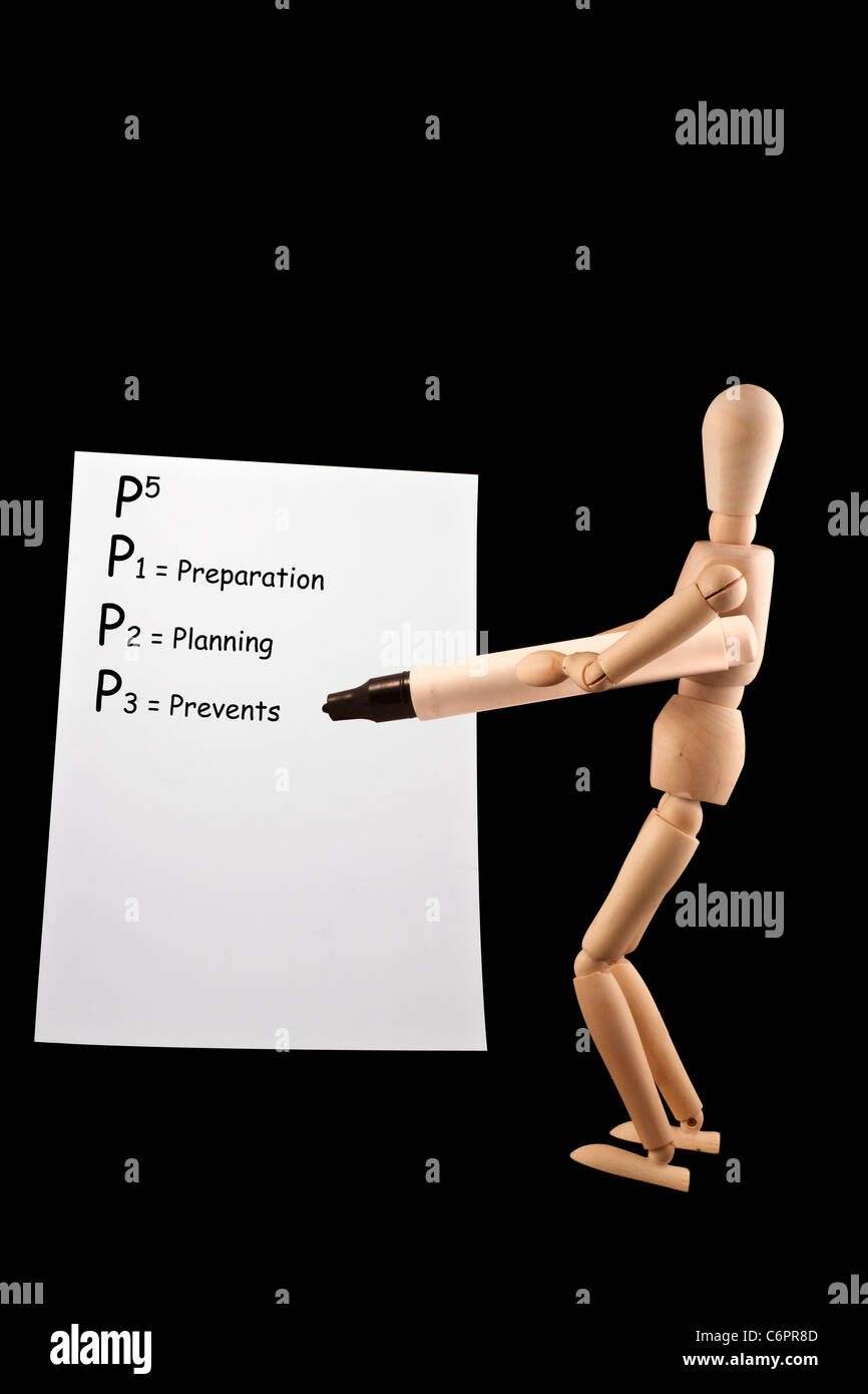 Wooden mannequin explaining the business expression P to the power of 5 ...