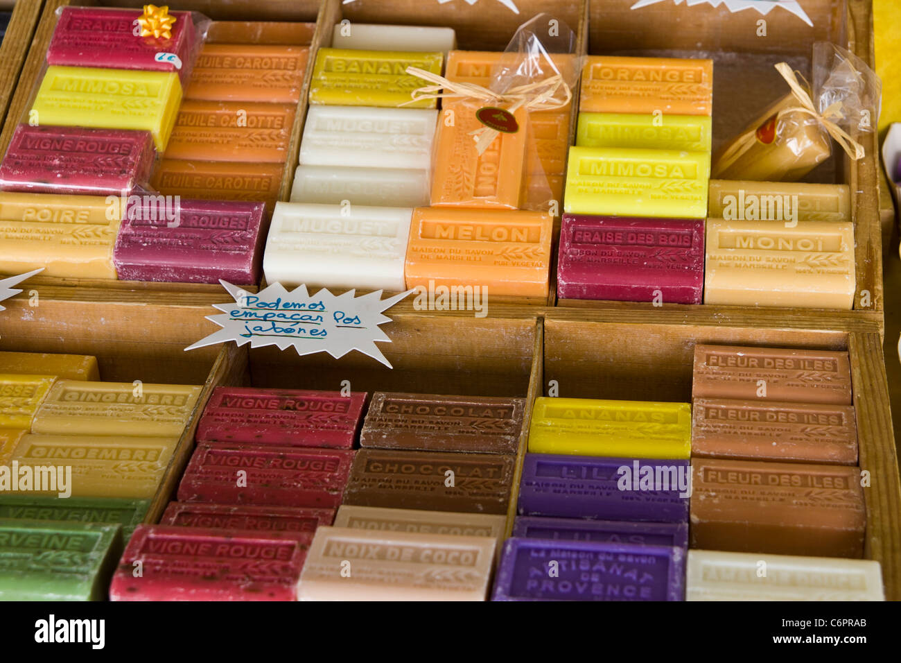 Bars of handmade soap for sale on a market stall in Villefranche France ...