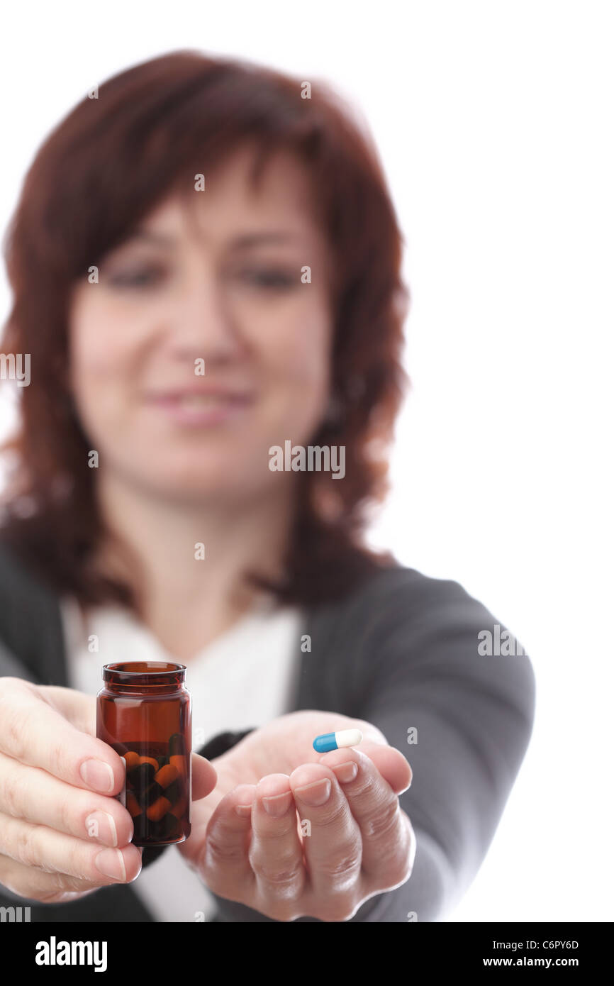 woman with pill - blue white pills in woman hand isolated Stock Photo ...