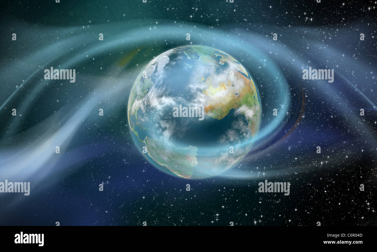 Wireless Energy surrounding mother earth illustrated as a sunstorm ...