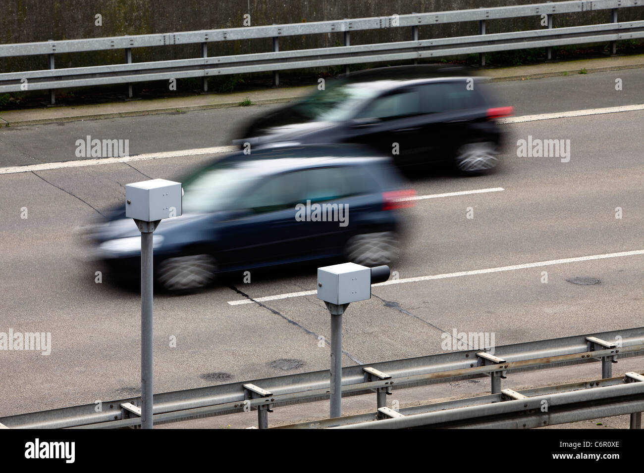 Speed cameras and flash at the A44 Autobahn, motorway. Controlling a ...