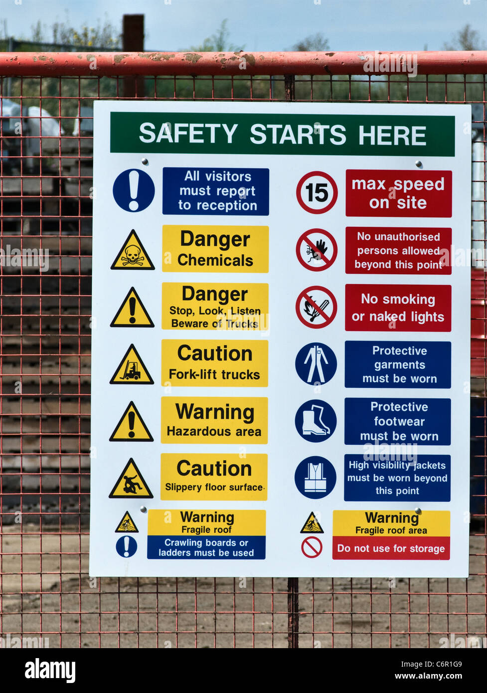 Health and Safety Starts Here sign, max speed, danger chemicals, report ...