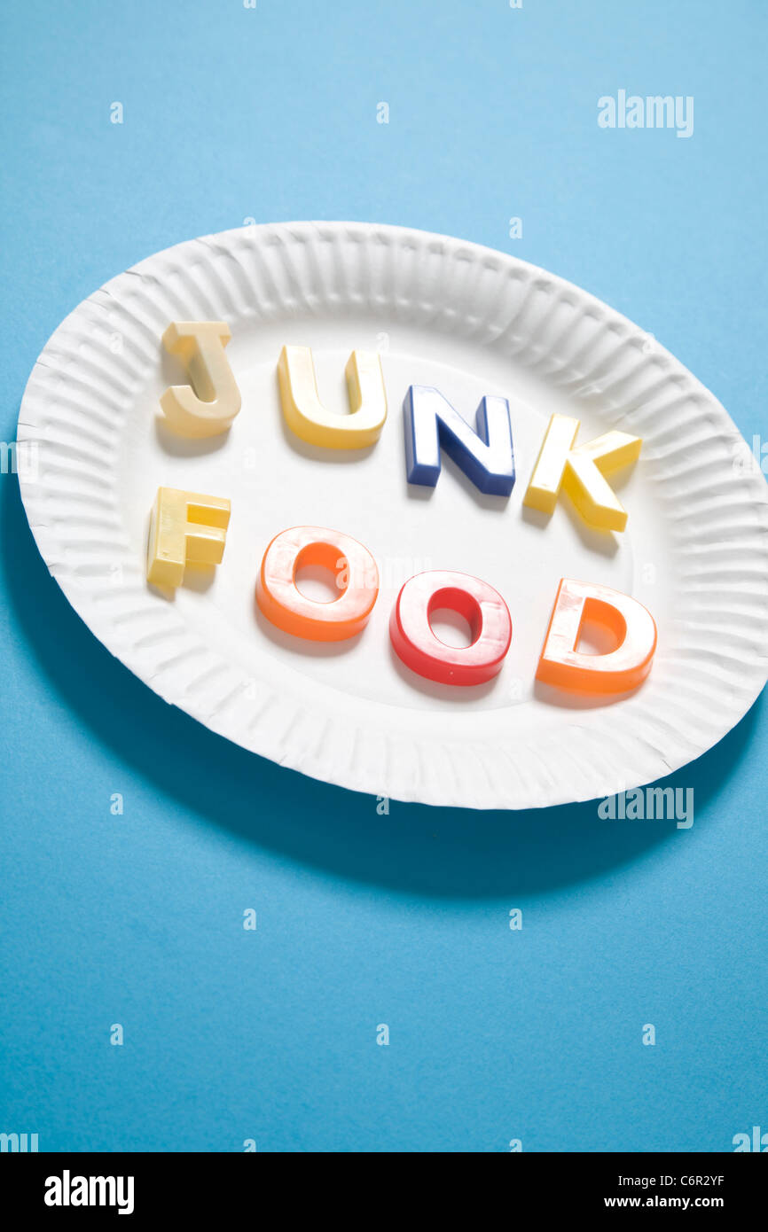 Junk Food Word Spelling on a Paper Plate Stock Photo - Alamy
