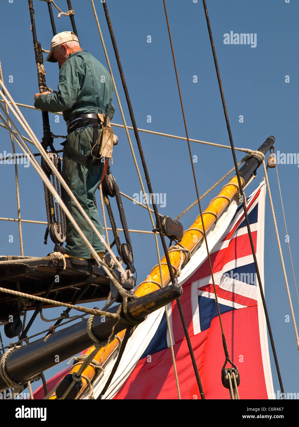 Old english sailor repairs the rigging in the mizzen mast. Vannes, Bay ...