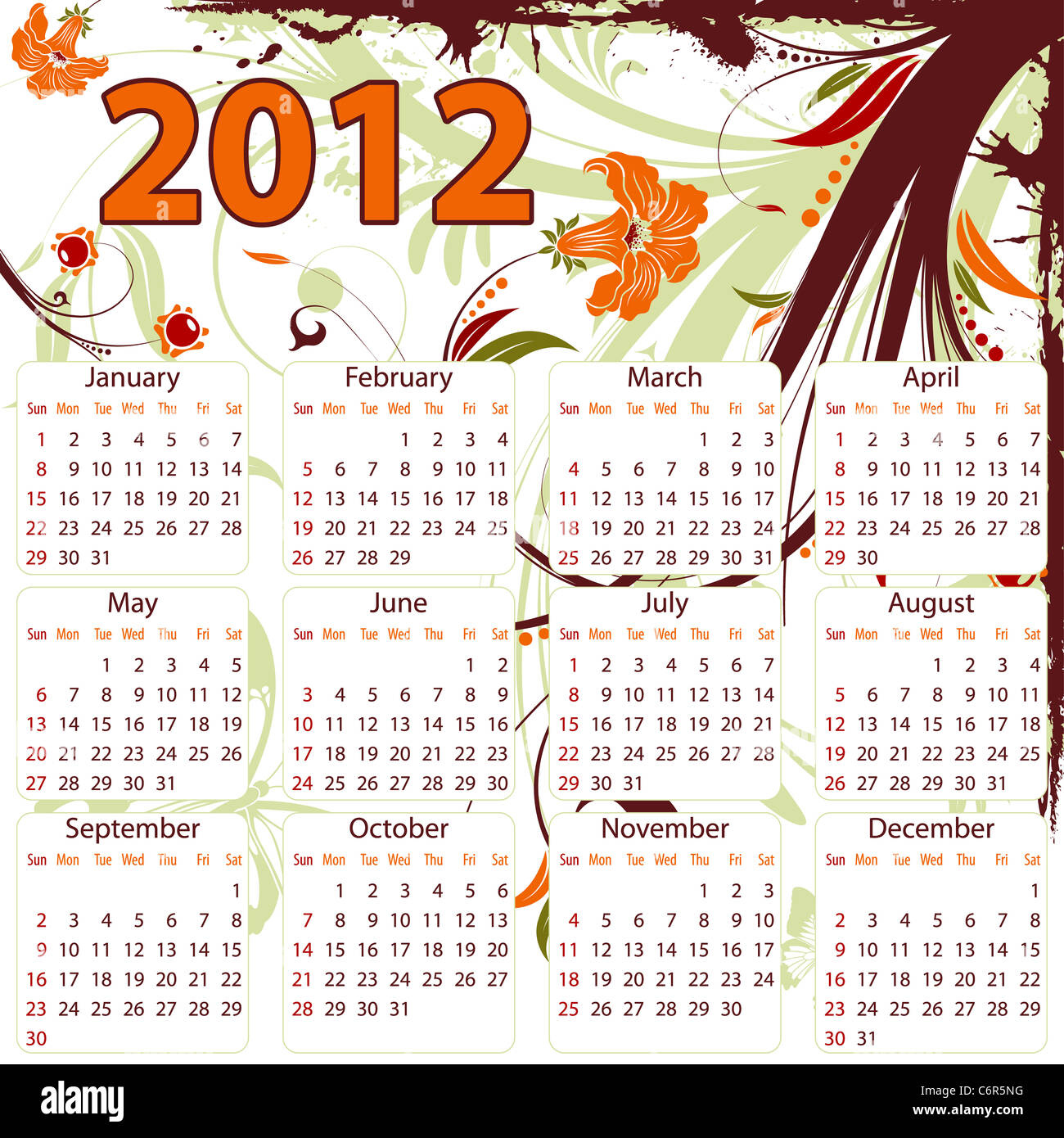 Calendar for 2012 with Grunge floral frame and butterfly, element for ...