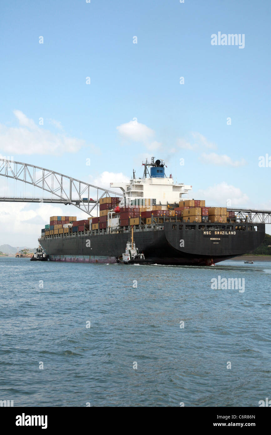 Cargo vessel entering the Panama Canal from the Pacific Ocean and going ...