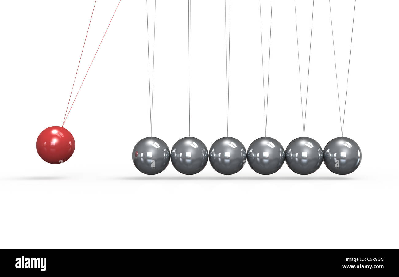 Newtons cradle White floor. One red Ball in the Pendulum Stock Photo ...