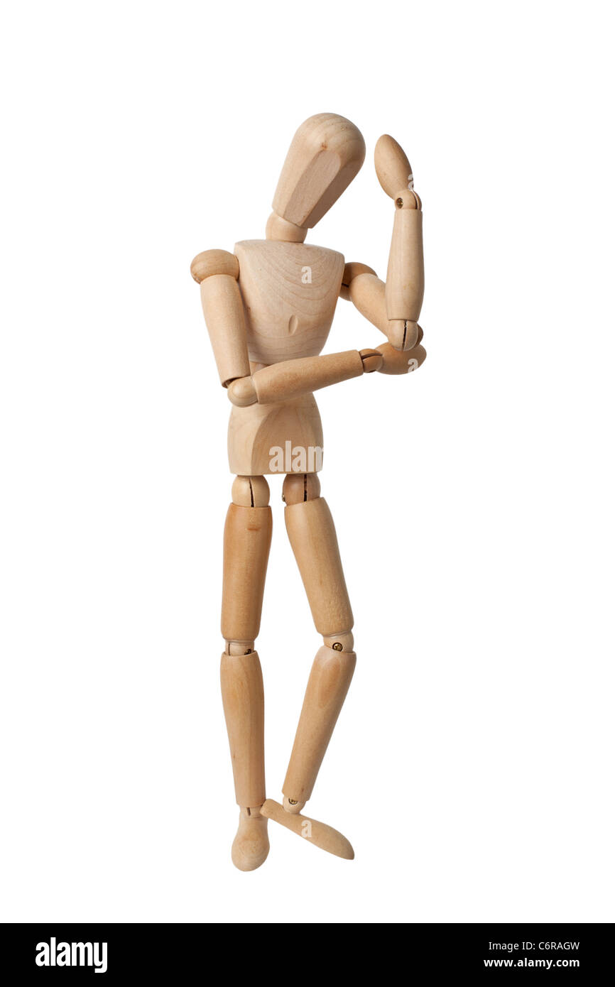 Wooden mannequin arms folded deep in thought isolated on white ...