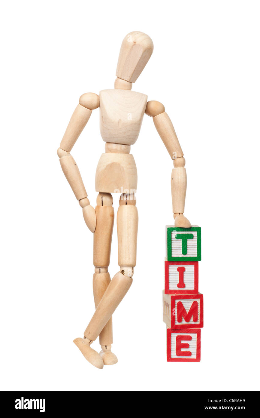 Wooden figurine with the word TIME isolated on white background Stock ...