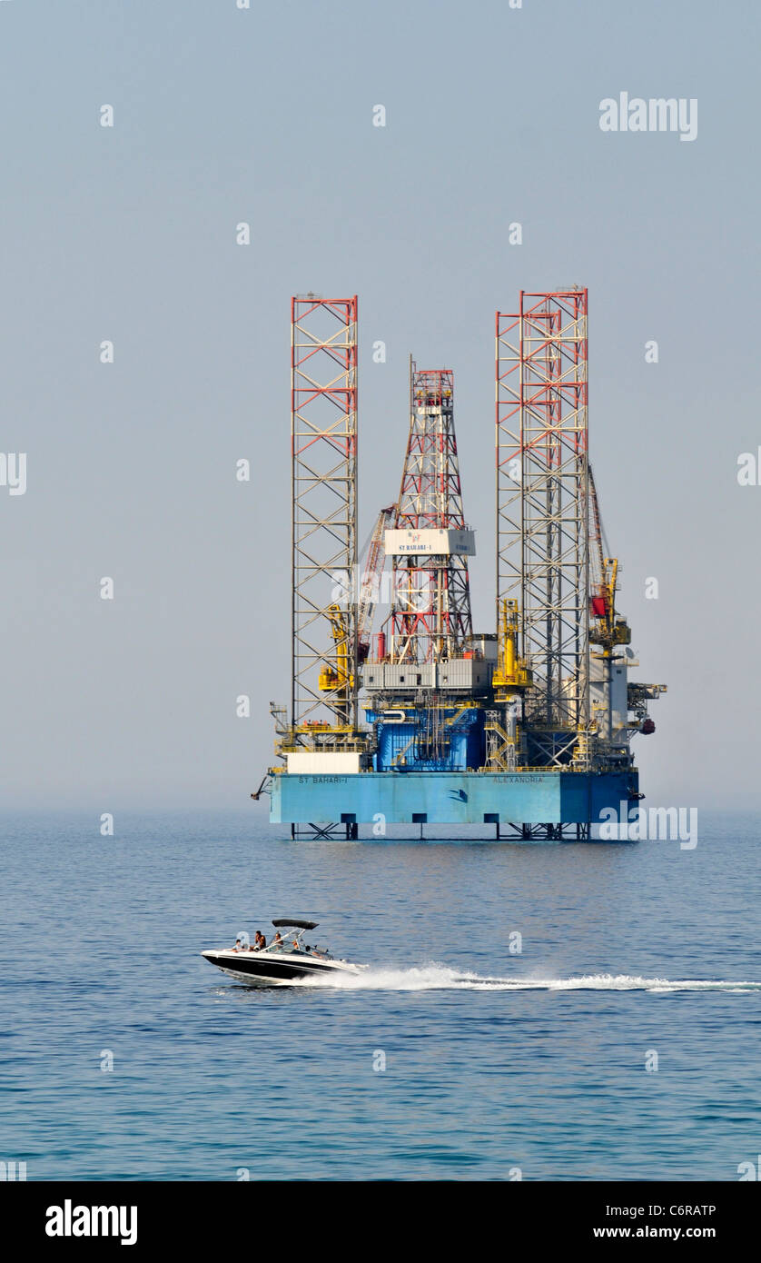 A jackup oil rig lies in the shallow waters of the Red Sea off the ...