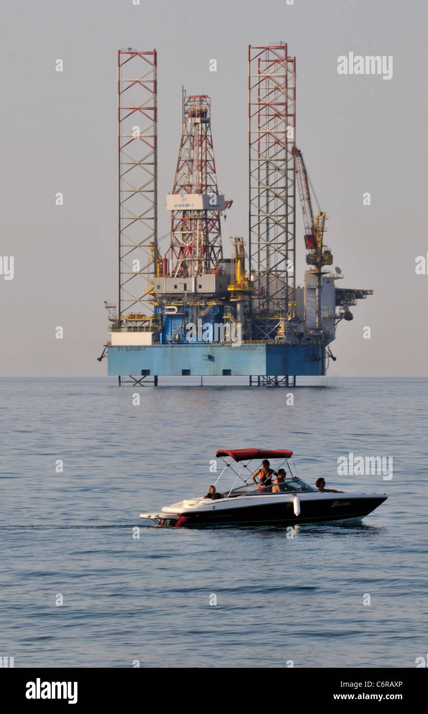 A jackup oil rig lies in the shallow waters of the Red Sea off the ...