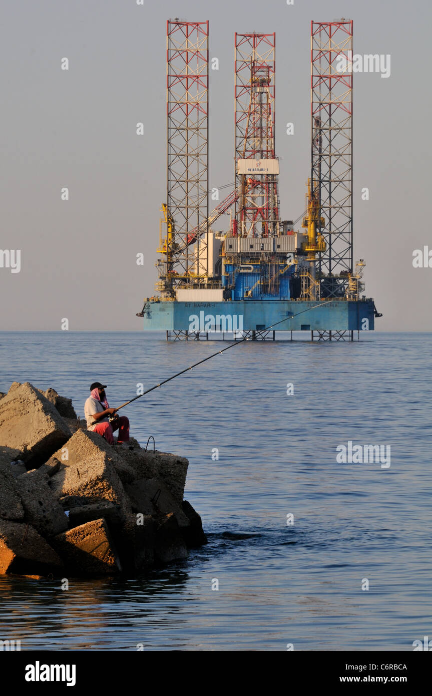 A jackup oil rig lies in the shallow waters of the Red Sea off the ...