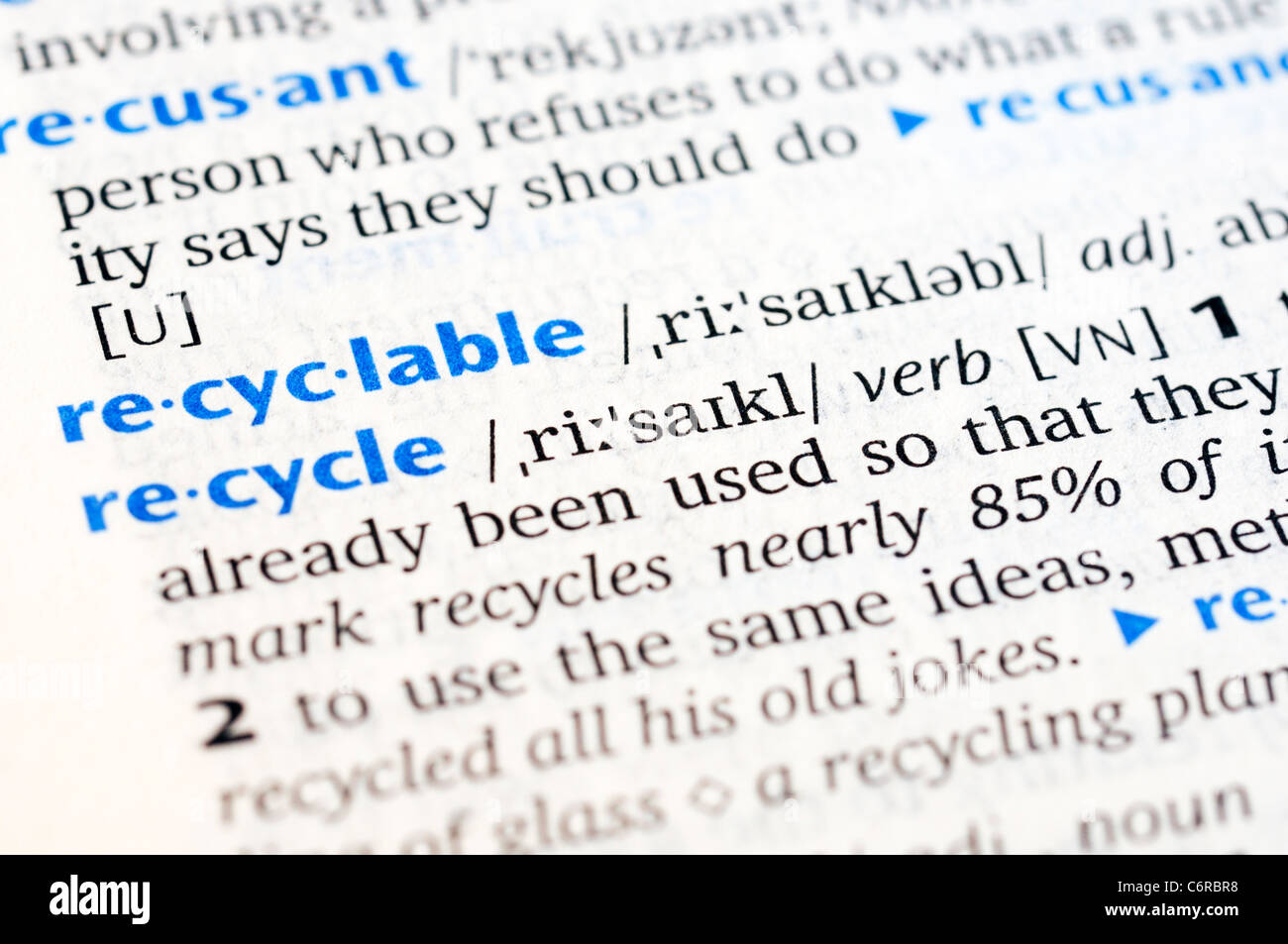 RECYCLABLE and RECYCLE words closeup in dictionary Stock Photo - Alamy
