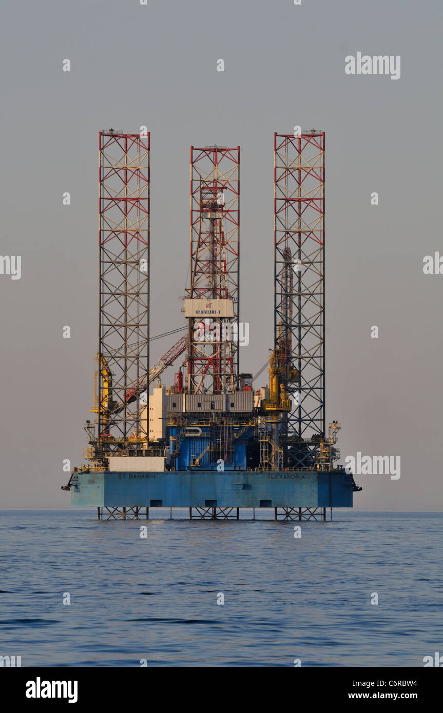 A jackup oil rig lies in the shallow waters of the Red Sea off the ...