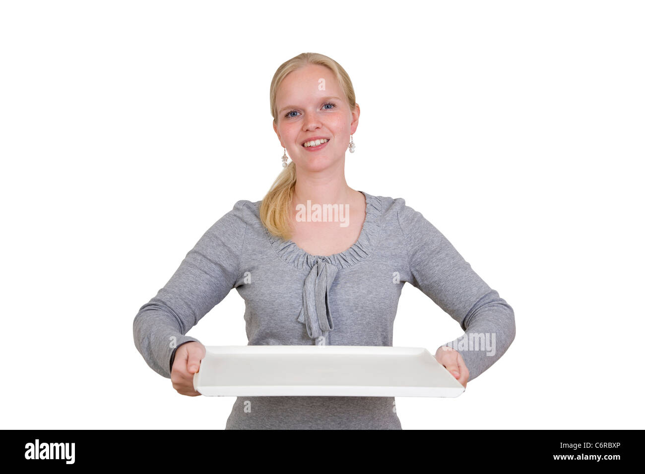 Young woman with a tray Stock Photo - Alamy
