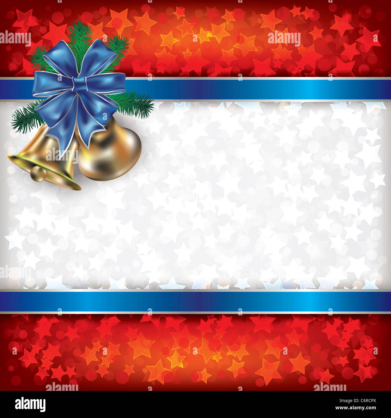 Abstract Christmas background with handbells and blue gift ribbons ...