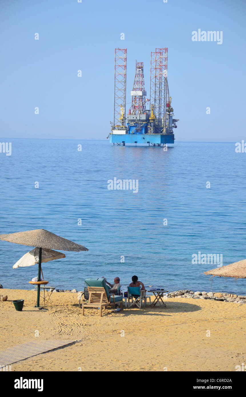 A jackup oil rig lies in the shallow waters of the Red Sea off the ...
